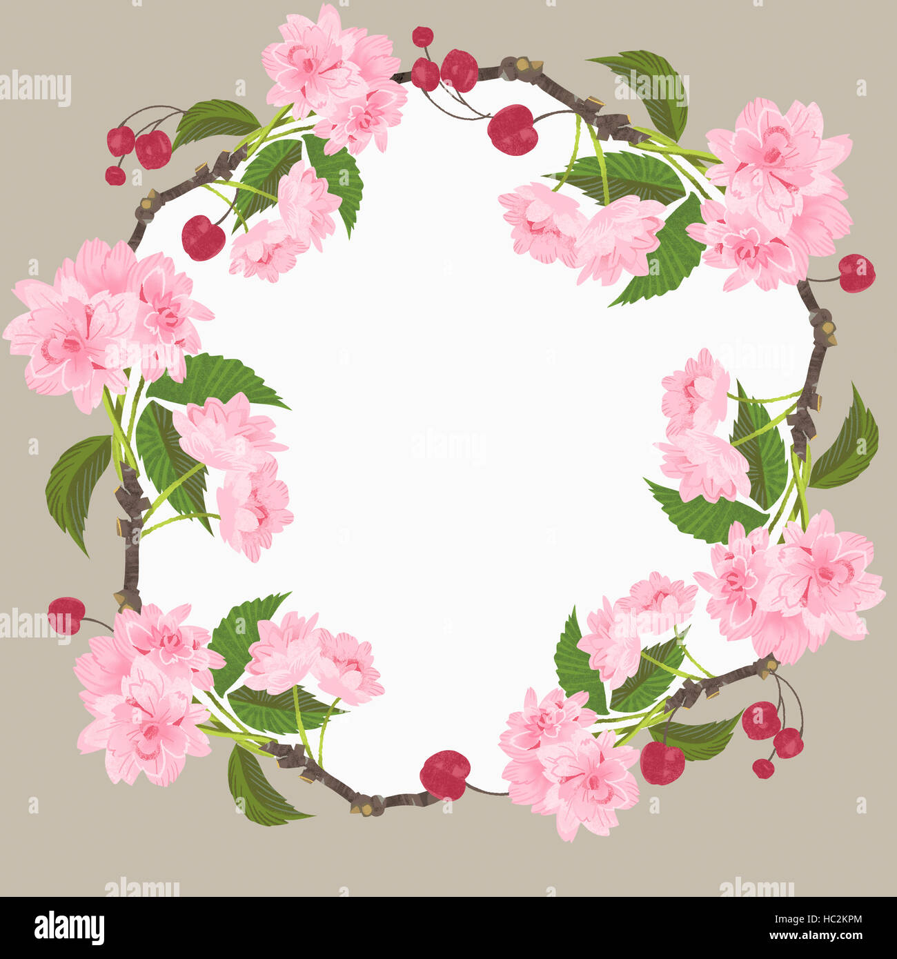 Circle frame with flowers, leaves and fruits on branches Stock Photo ...