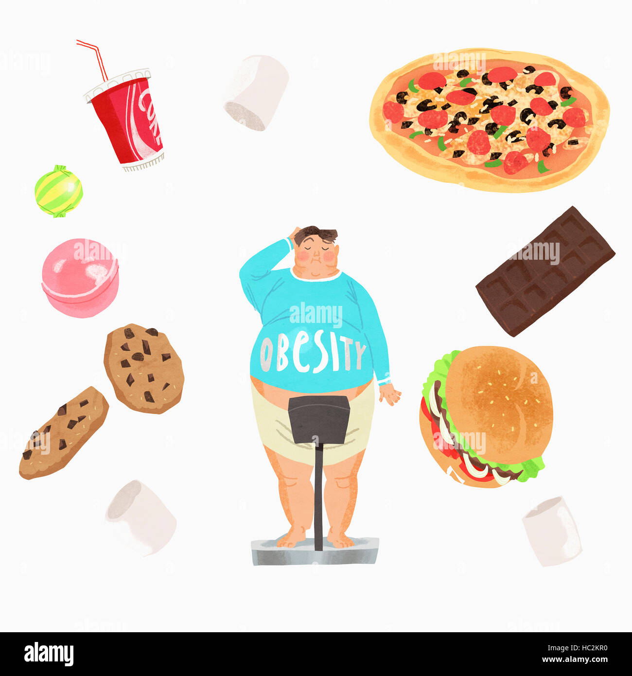 Fat man measuring his weight with fast food Stock Photo - Alamy