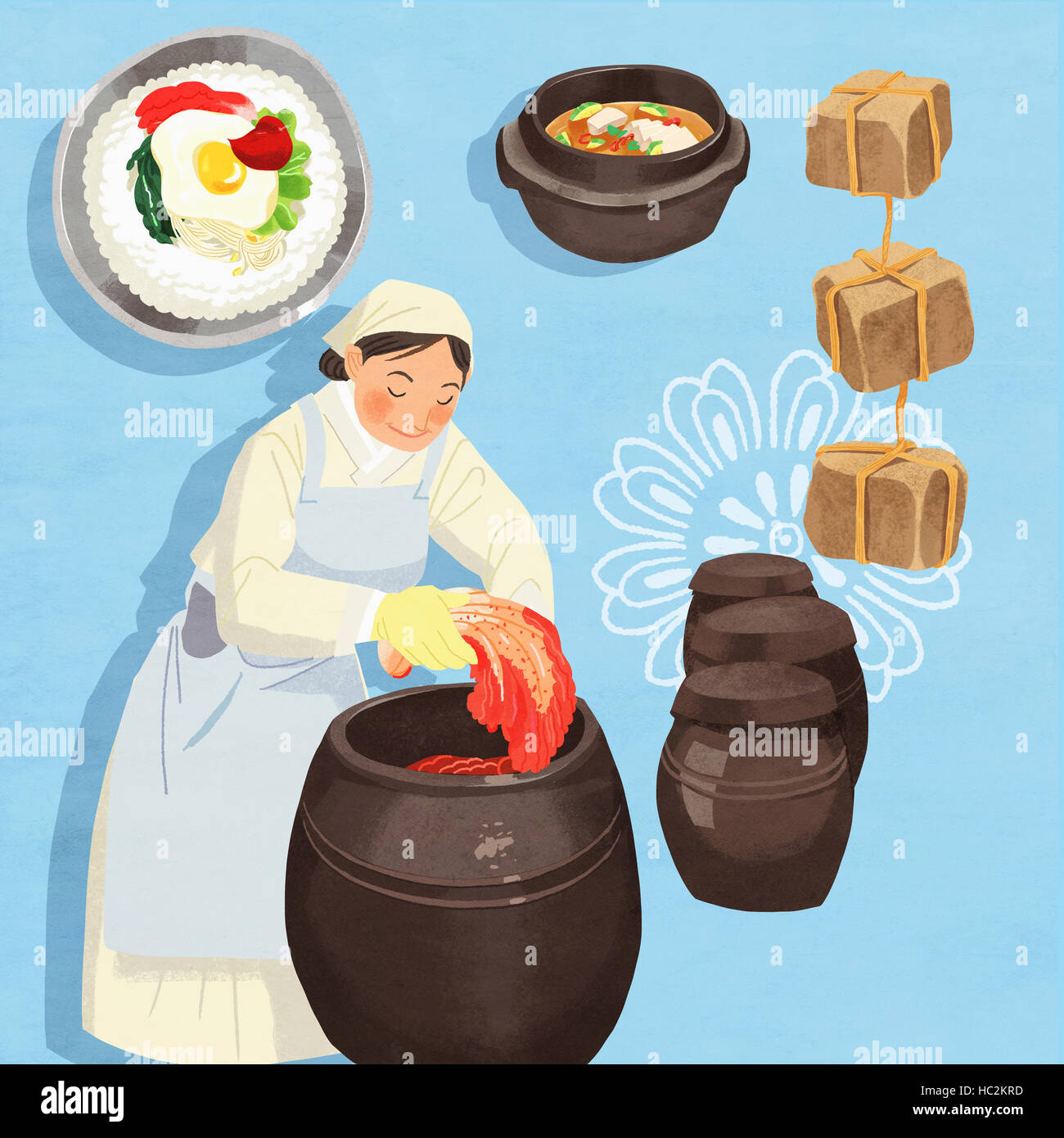 Woman taking gimchi out of crock with traditional Korean food Stock ...