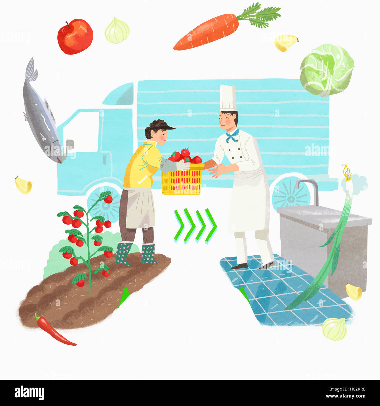 Farmer and cook giving and taking fresh ingredients Stock Photo - Alamy