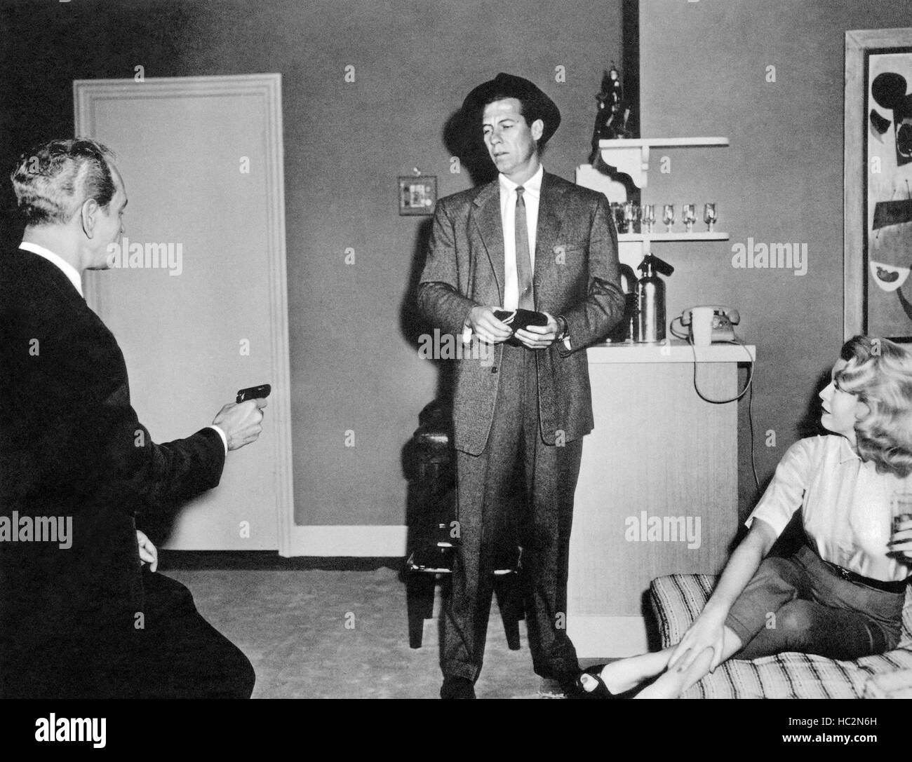 MY GUN IS QUICK, Donald Randolph (left), Robert Bray (center), 1957 ...