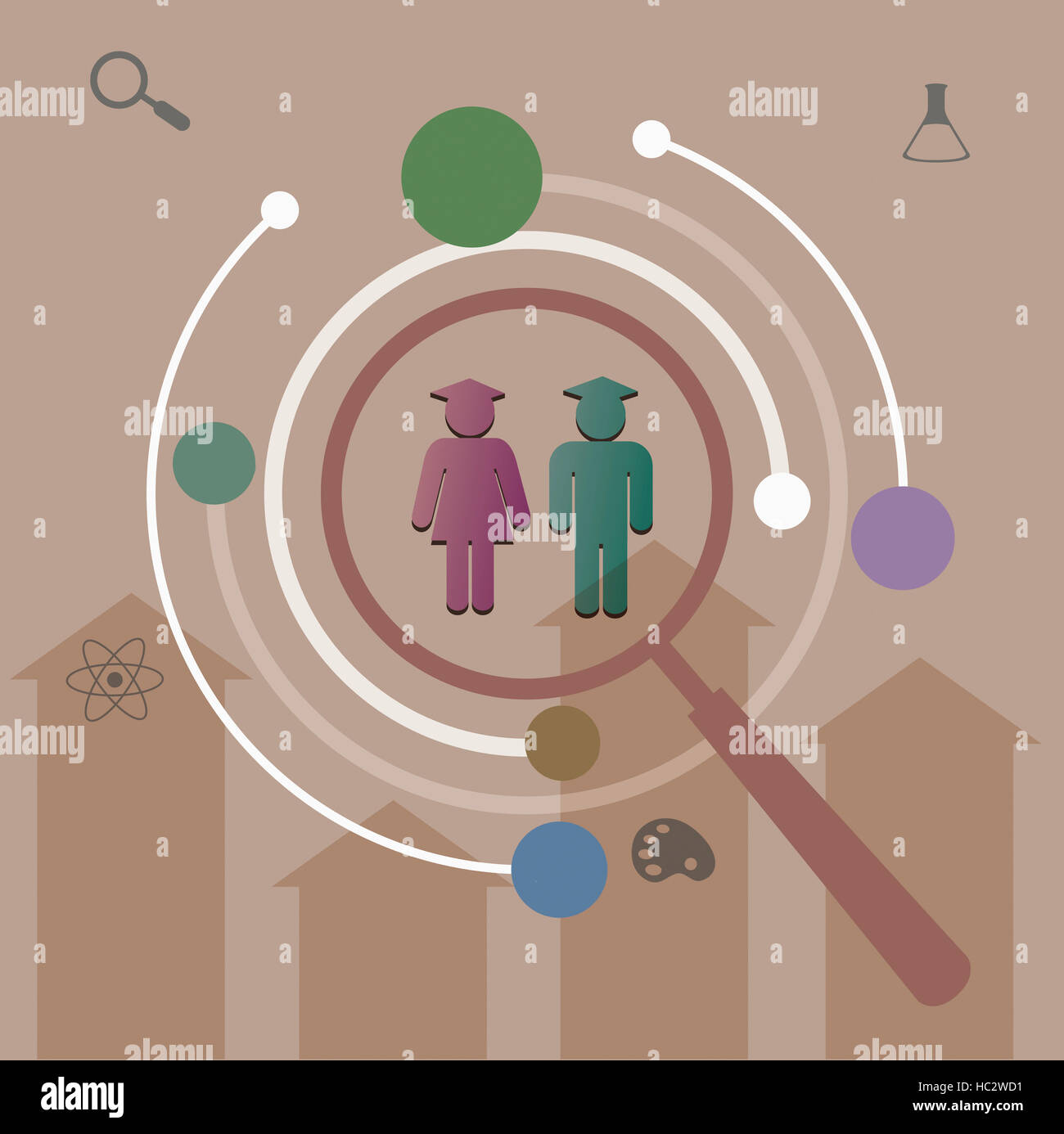 Human shapes with graduate hats in a magnifying glass with infographic ...