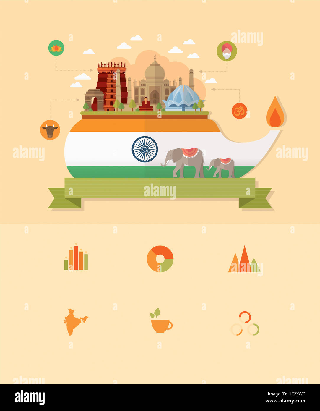 Icons of landmarks in India and various infographic Stock Photo - Alamy