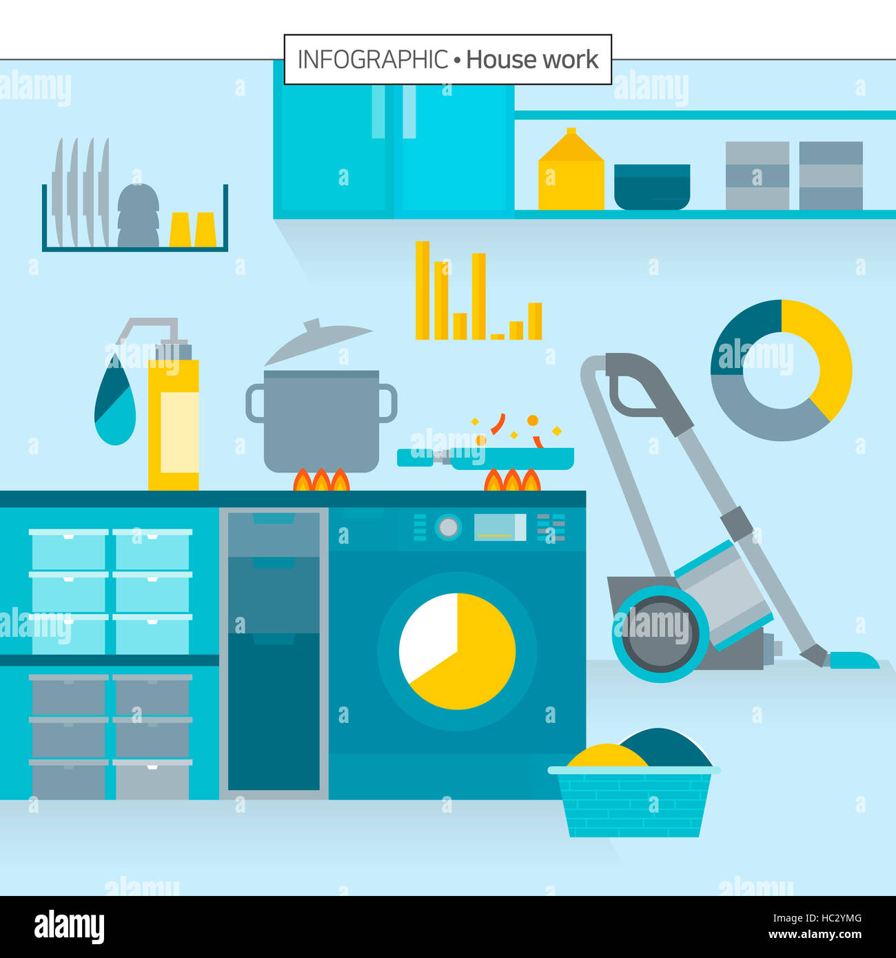 Various household goods with various infographic Stock Photo - Alamy