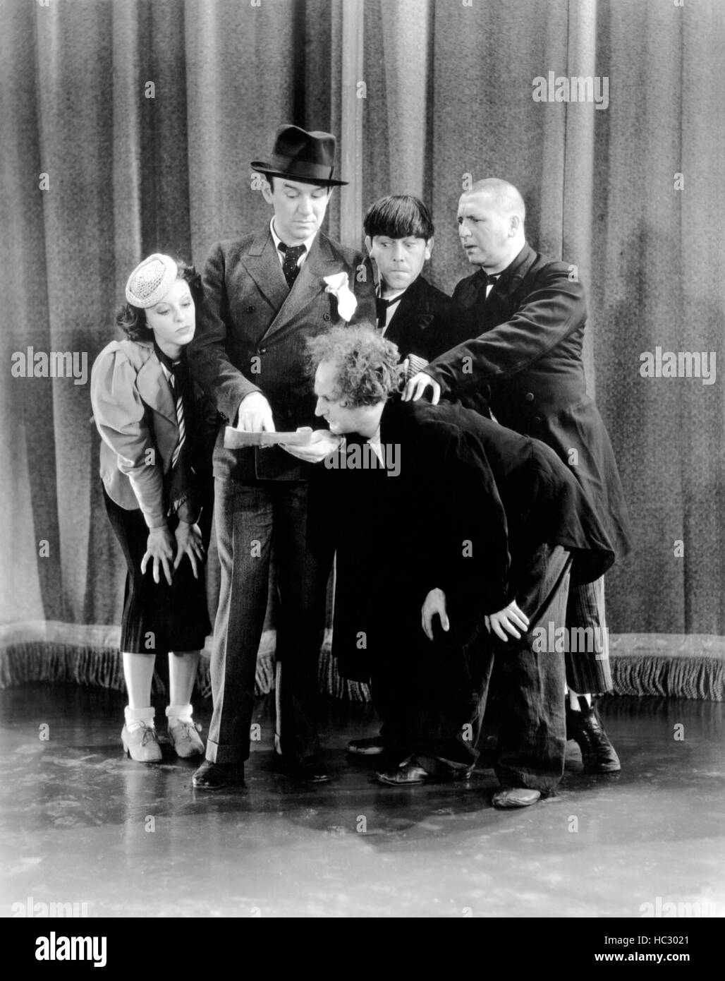 PLANE NUTS, from left, Bonnie Bonnell, Ted Healy, Moe Howard, Curly Howard; front, Larry Fine ...