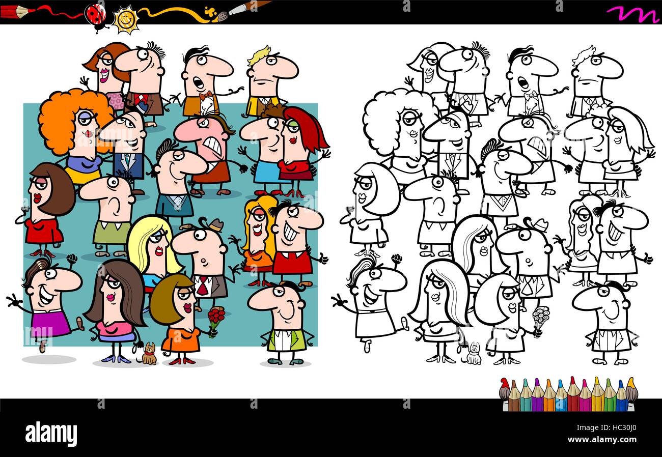 Cartoon Illustration of People Group Coloring Book Activity Stock ...