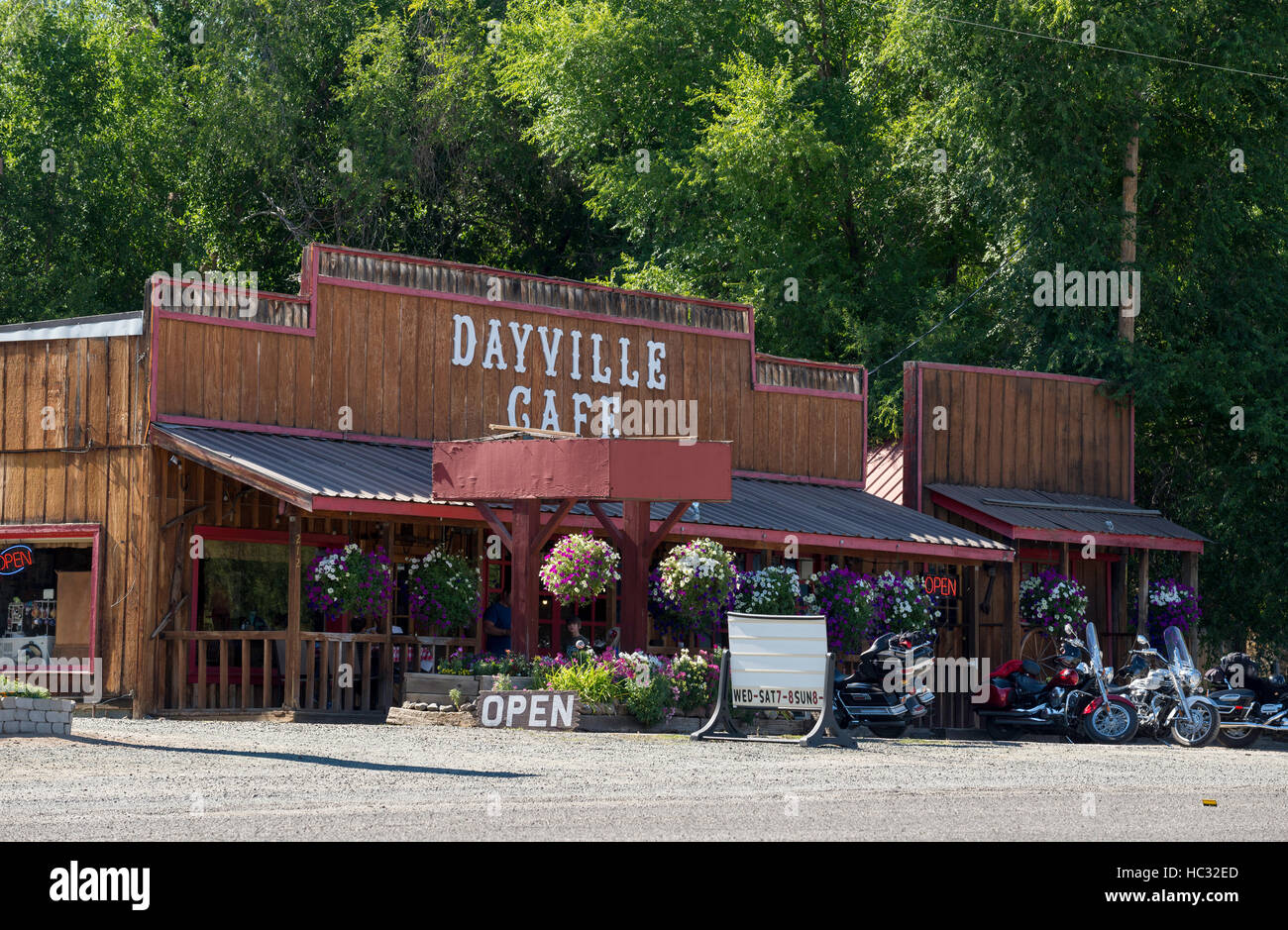 Motorcycles parked in front of the Dayville Cafe on a summer day in ...