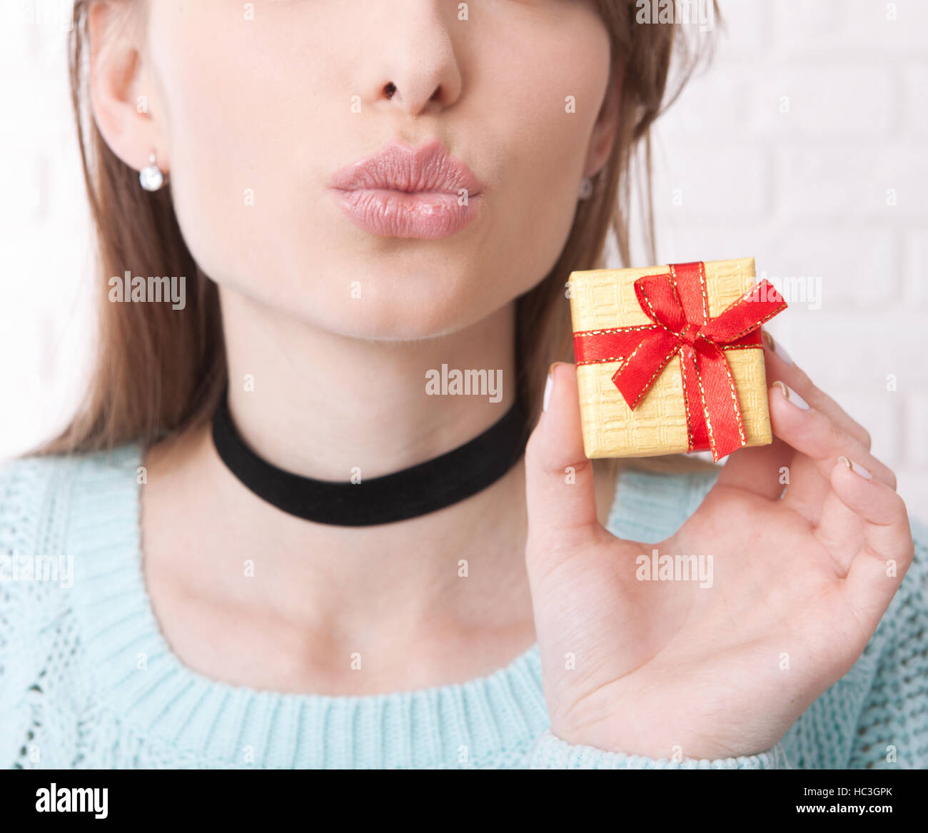 Present. Gift bos. Woman holding small gift box with ribbon Stock Photo ...
