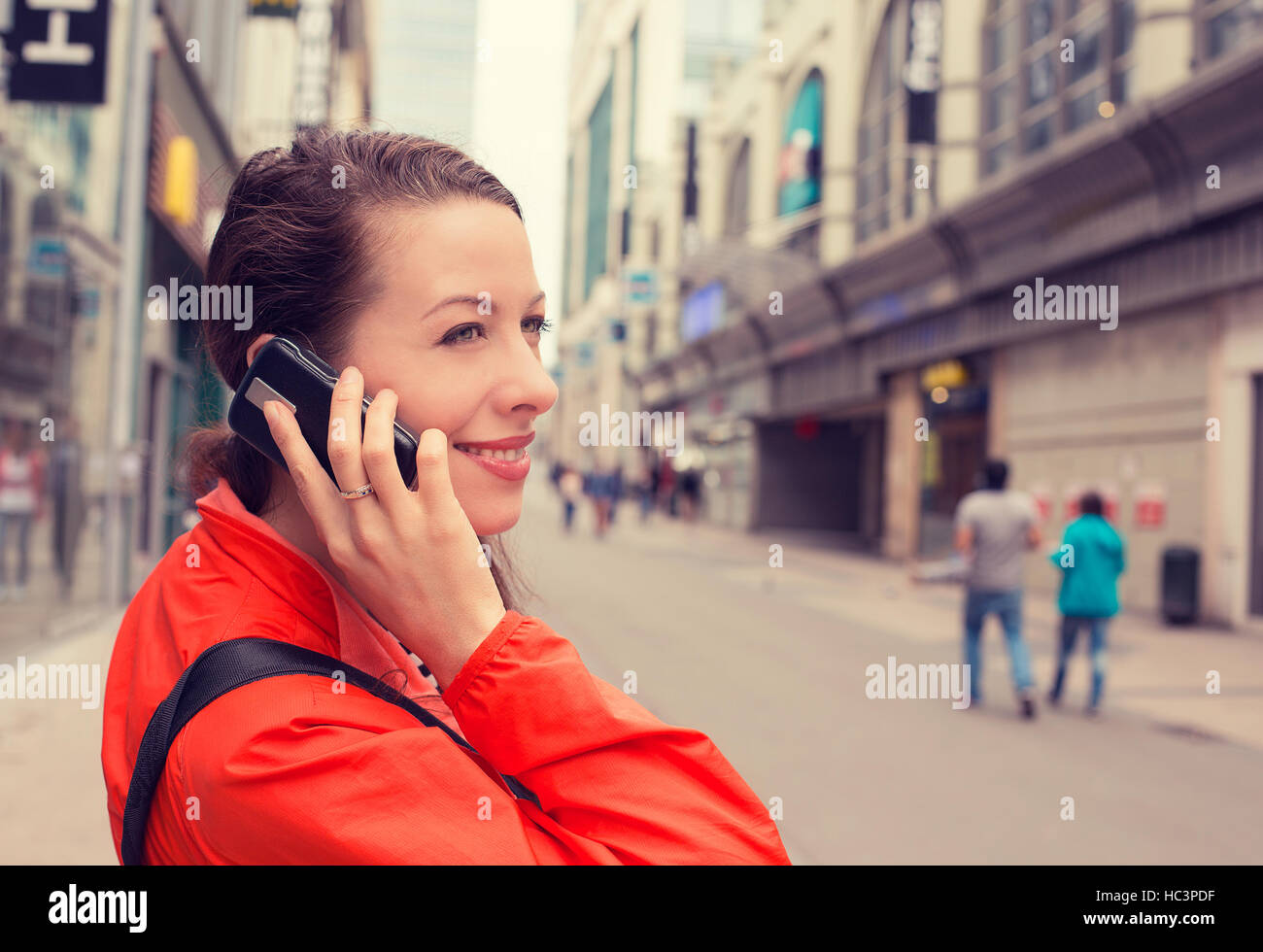 Side profile portrait happy young lady attractive woman talking on ...