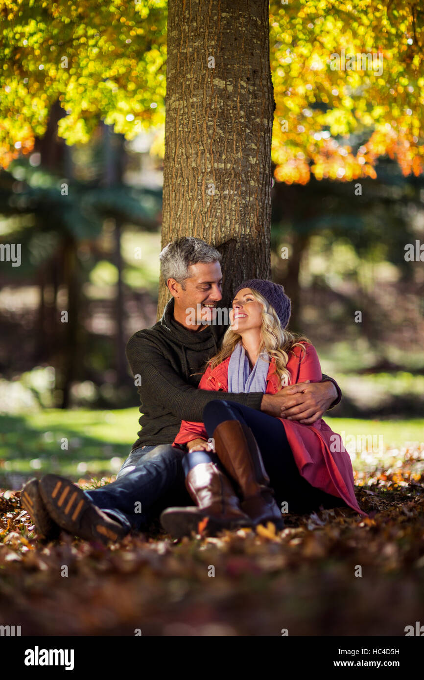 Romantic couple sitting under tree at park Stock Photo - Alamy