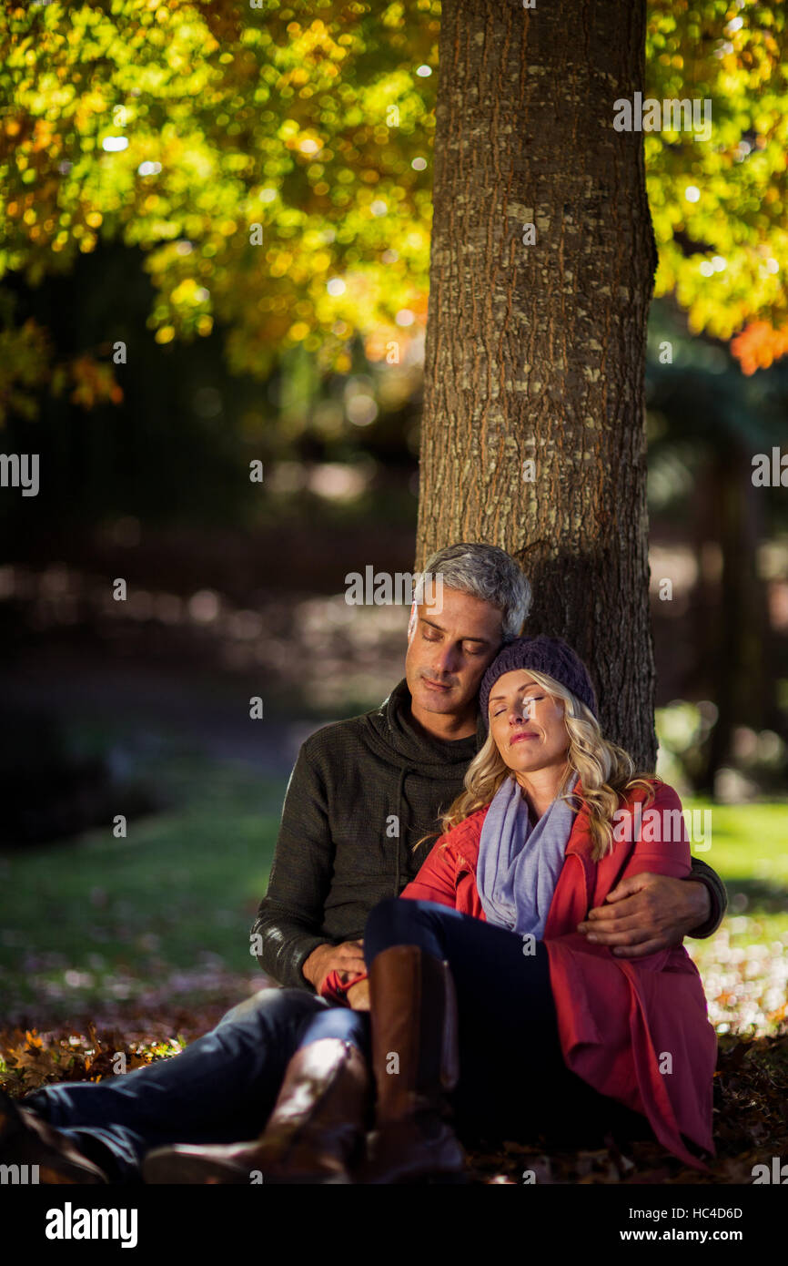 Couple relaxing under tree at park Stock Photo - Alamy