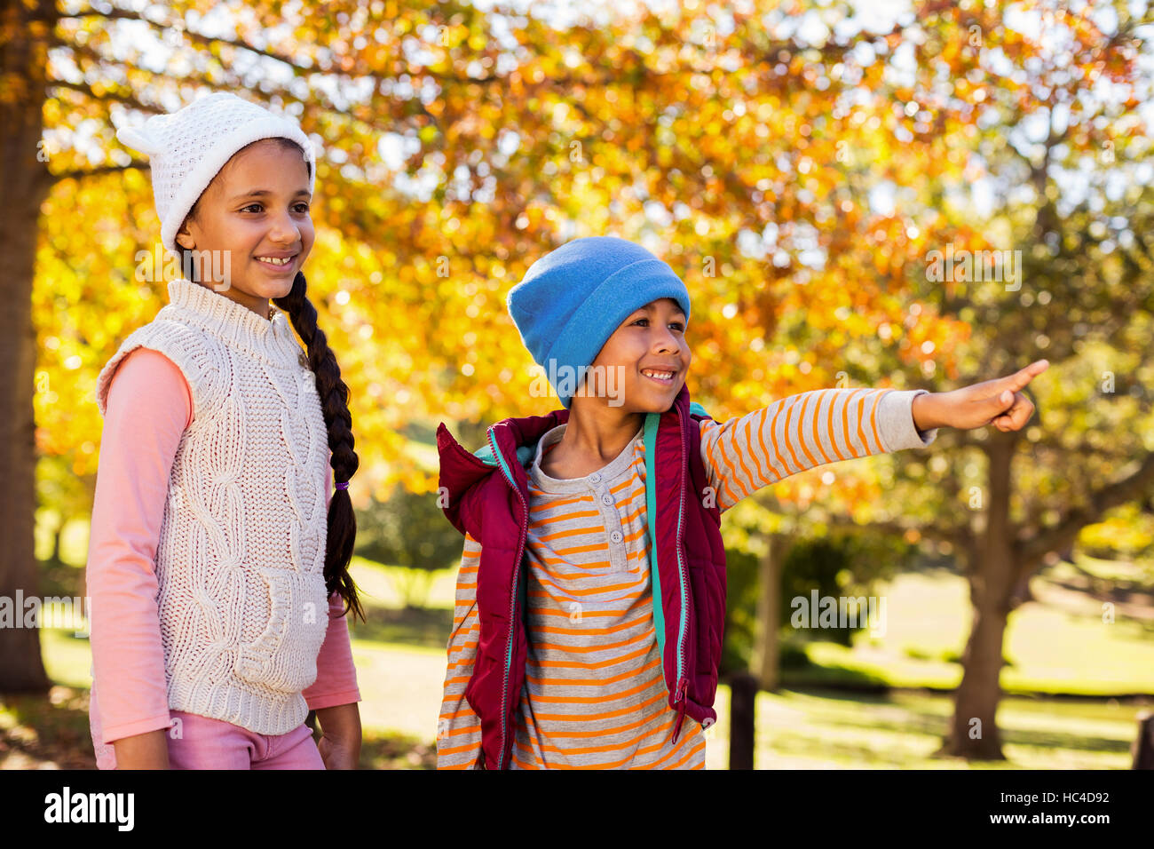 Boy pointing while standing with sister against autumn trees Stock ...