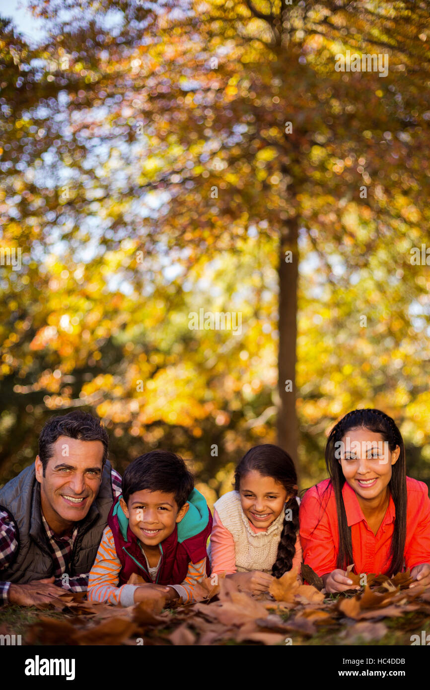 Portrait of happy family lying on field at park Stock Photo - Alamy