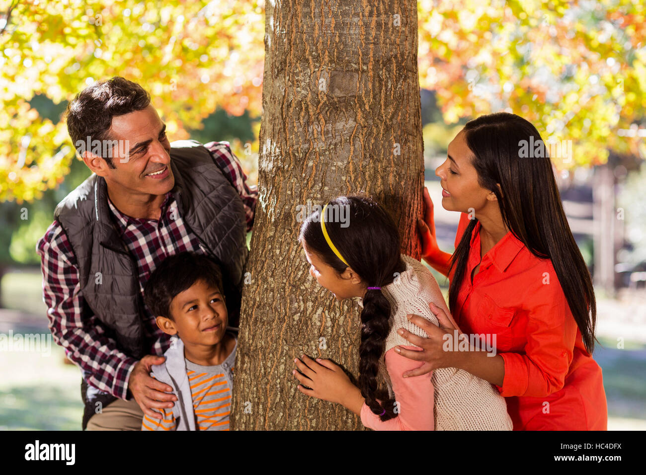 Playful family standing by tree Stock Photo - Alamy