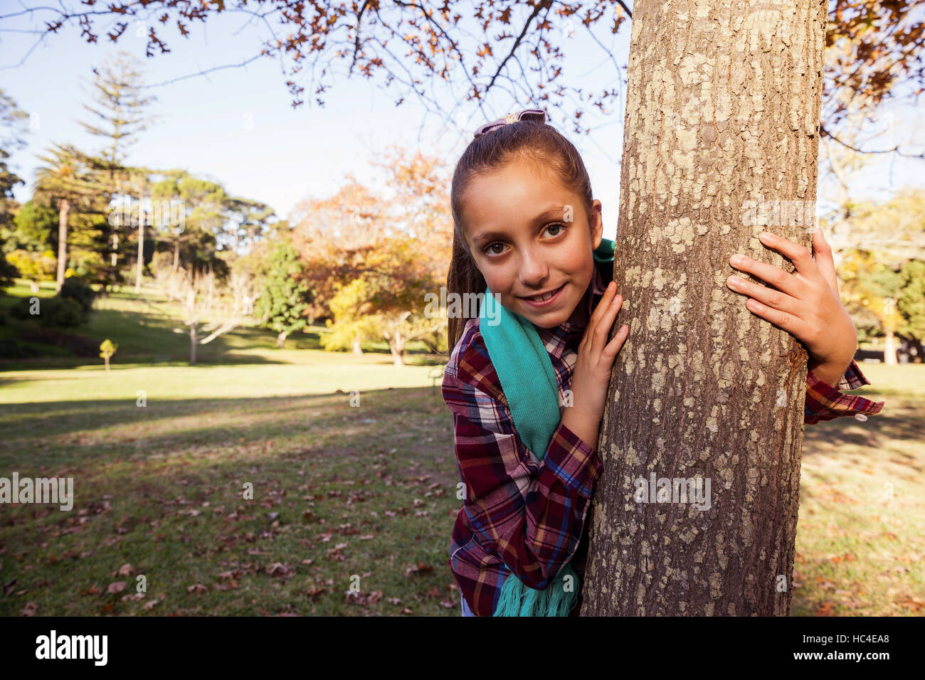 Portrait of happy girl hugging tree Stock Photo - Alamy