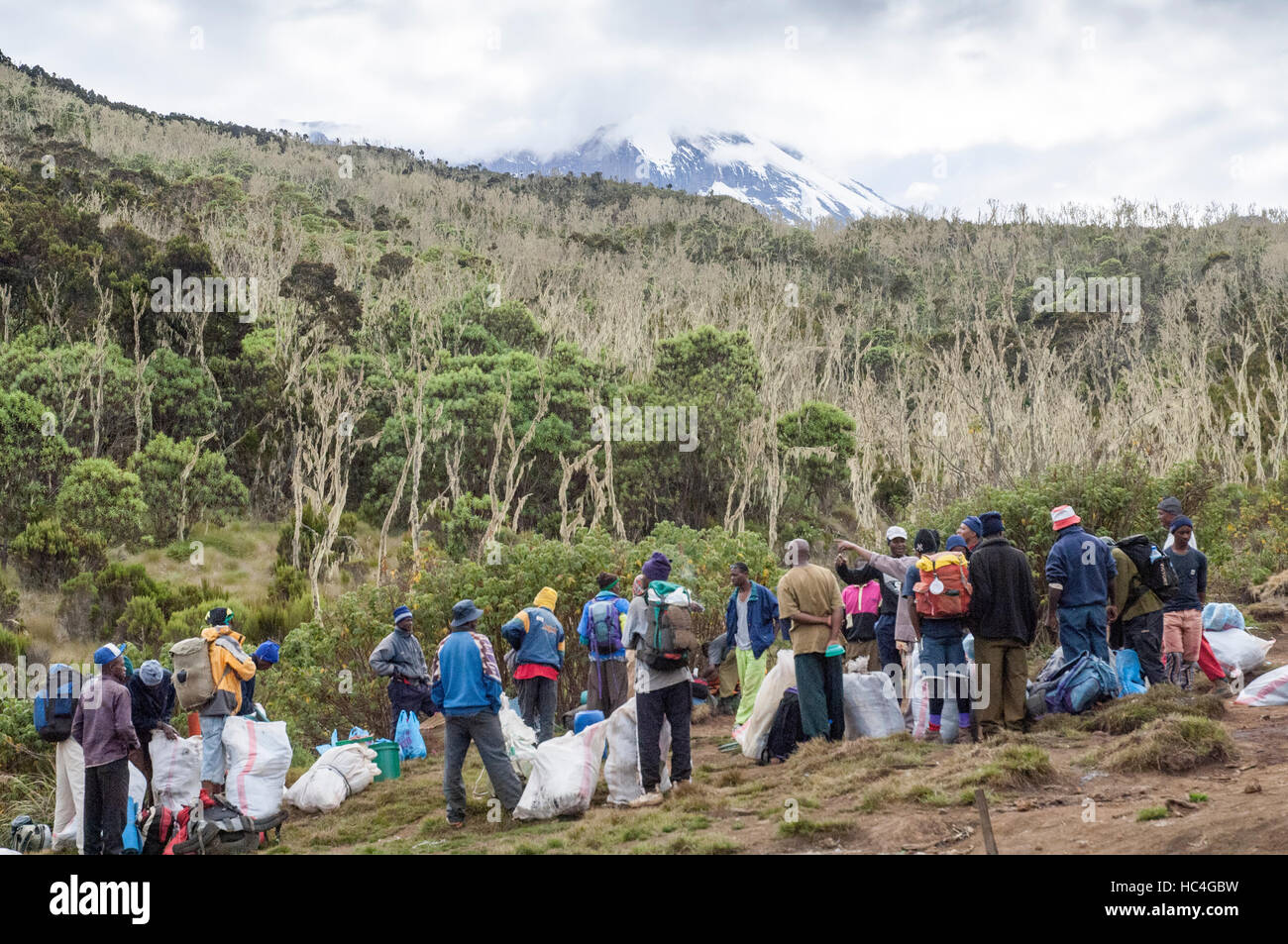 Porters packing up camp, Machame Route, Kilimanjaro, Tanzania Stock ...