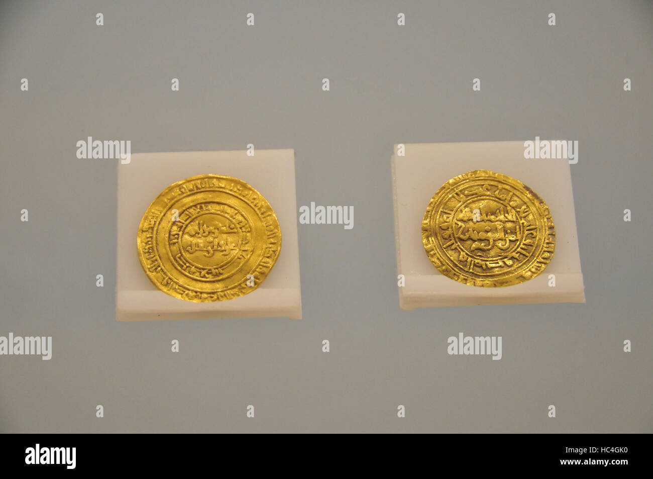 A display of part of the gold coin hoard of gold coins from the Fatimid ...