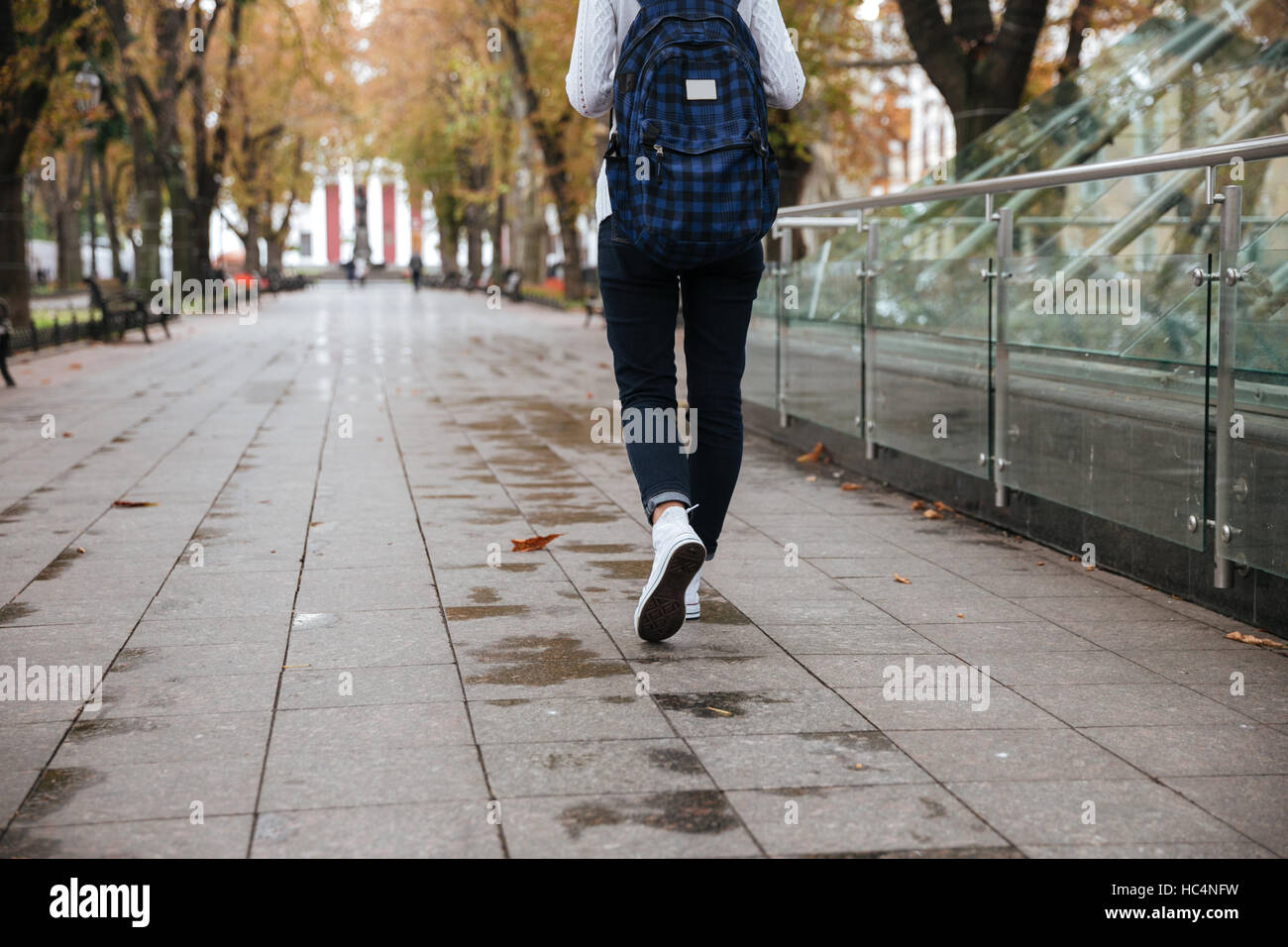 Back view of beautiful young woman with backpack walking in park Stock ...