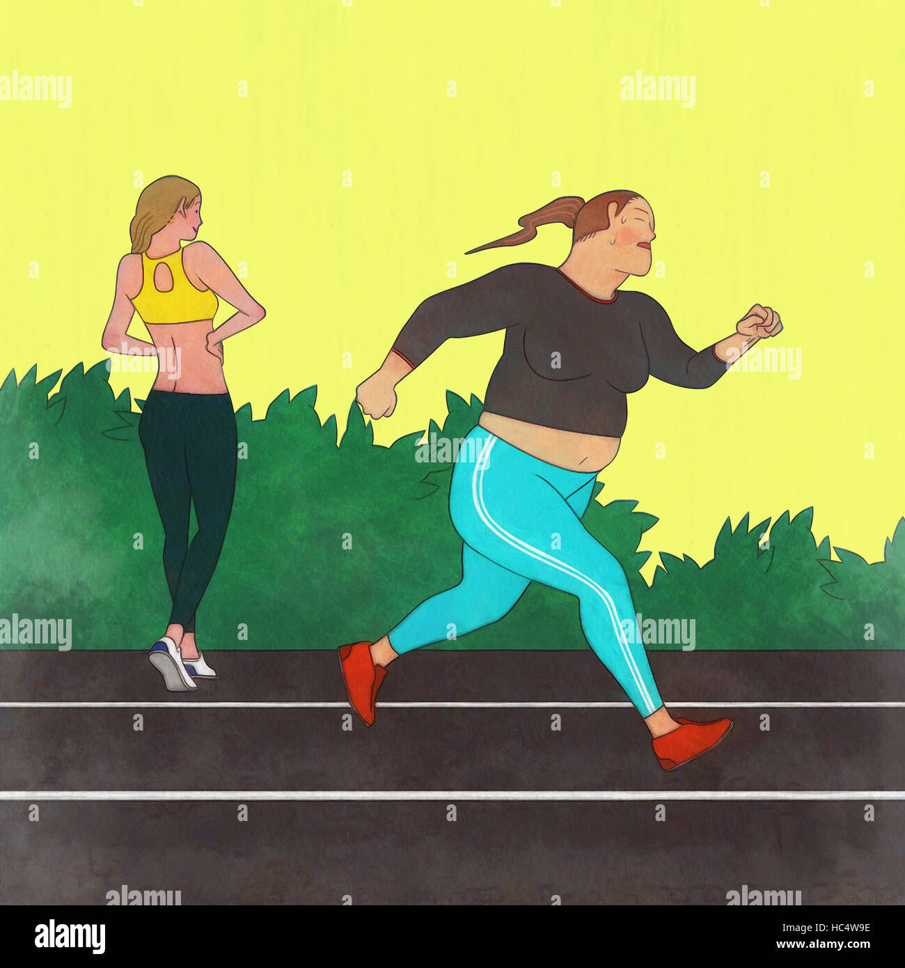 Fat woman running and a slim woman posing on tracks Stock Photo - Alamy
