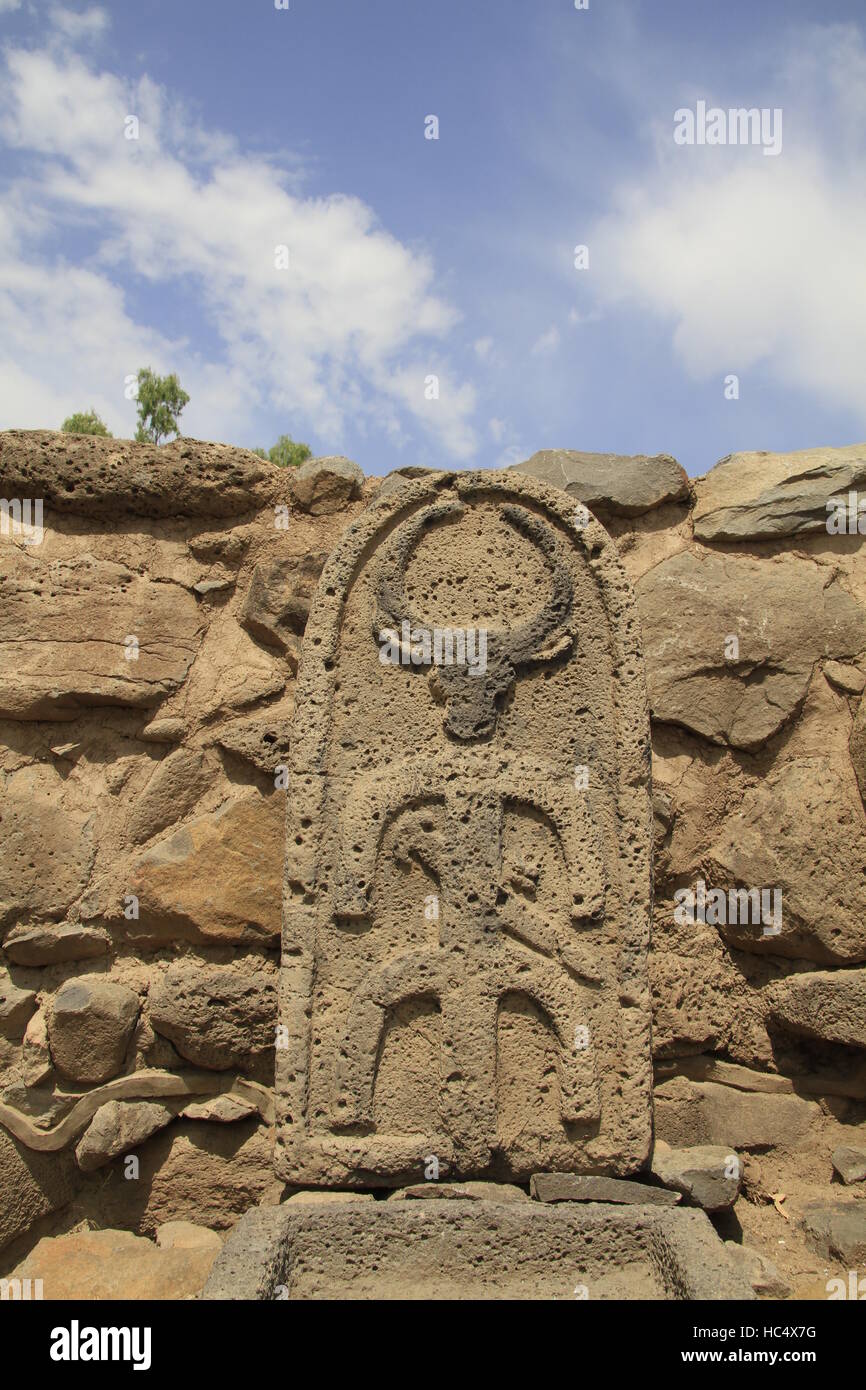 Israel, Sea of Galilee, a Stele showing a God with bull's head on Bamah ...