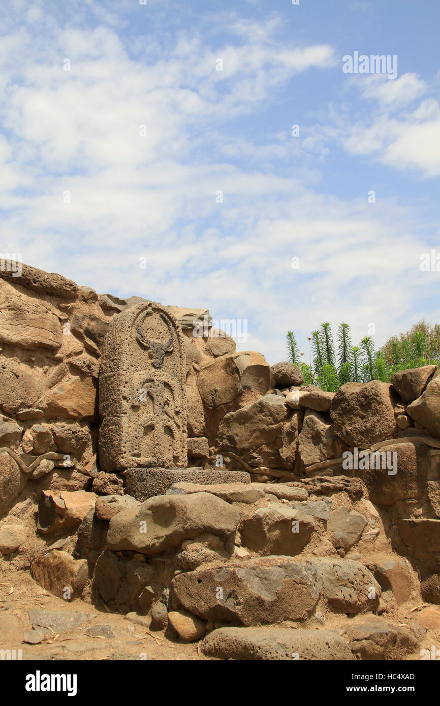 Israel, Sea of Galilee, a Stele showing a God with bull's head on Bamah ...
