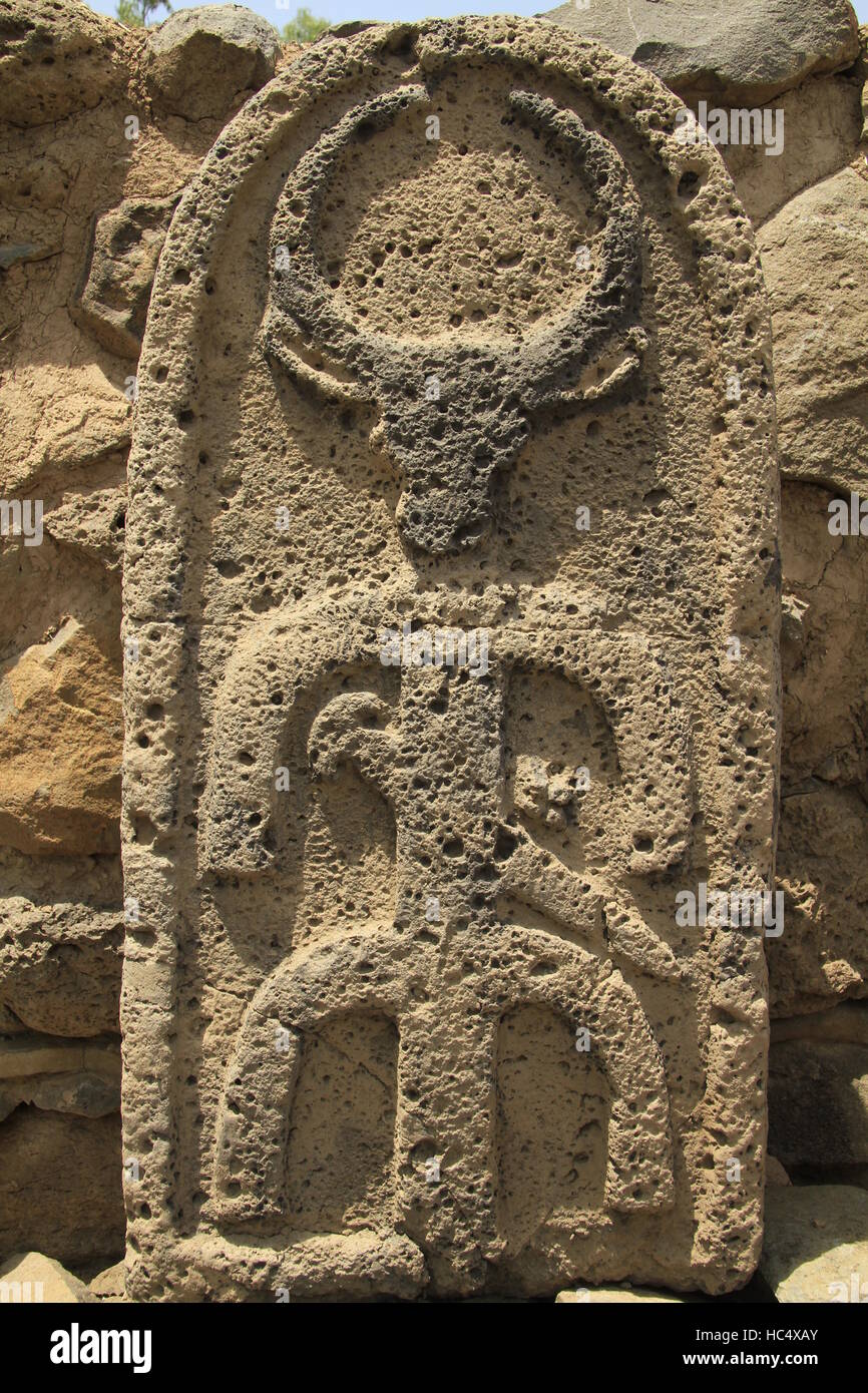 Israel, Sea of Galilee, a Stele showing a God with bull's head on Bamah ...