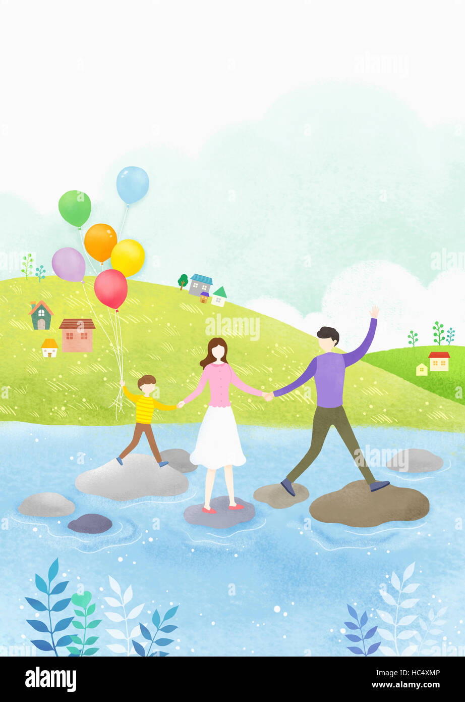 Harmonious family crossing a stream on stepping stones Stock Photo - Alamy