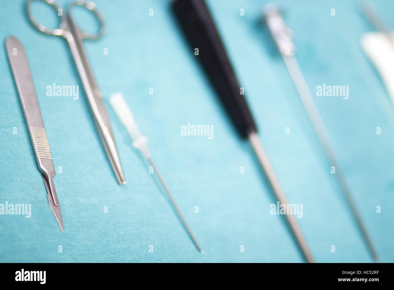 Surgical equipment on sterile table in surgery in operating emergency ...