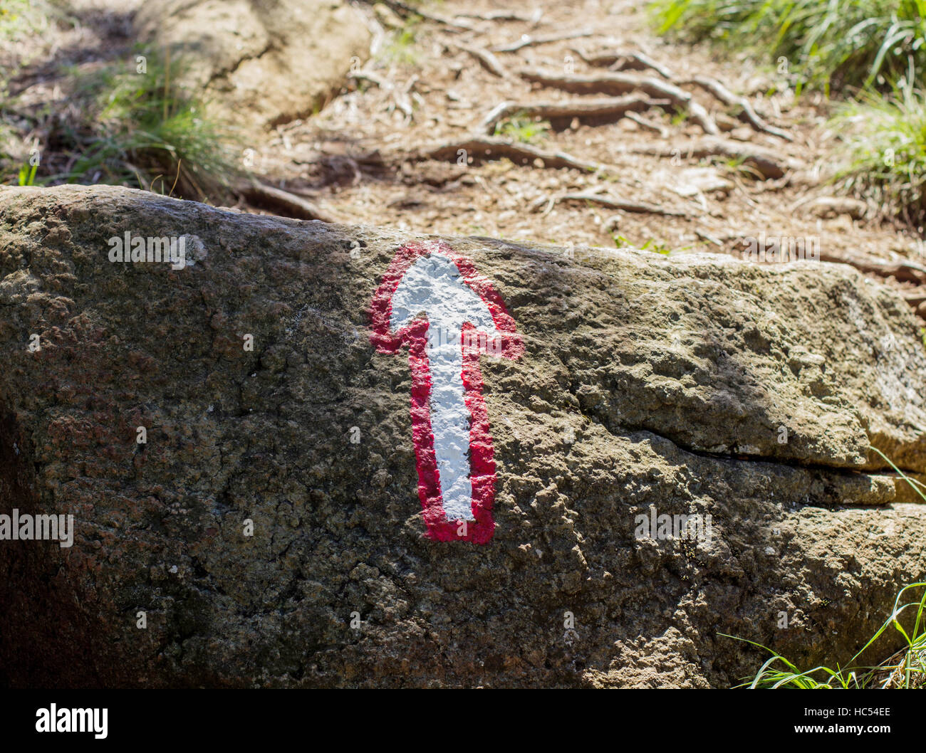 Hiking trail marker, red and white arrow shape painting on the rock ...
