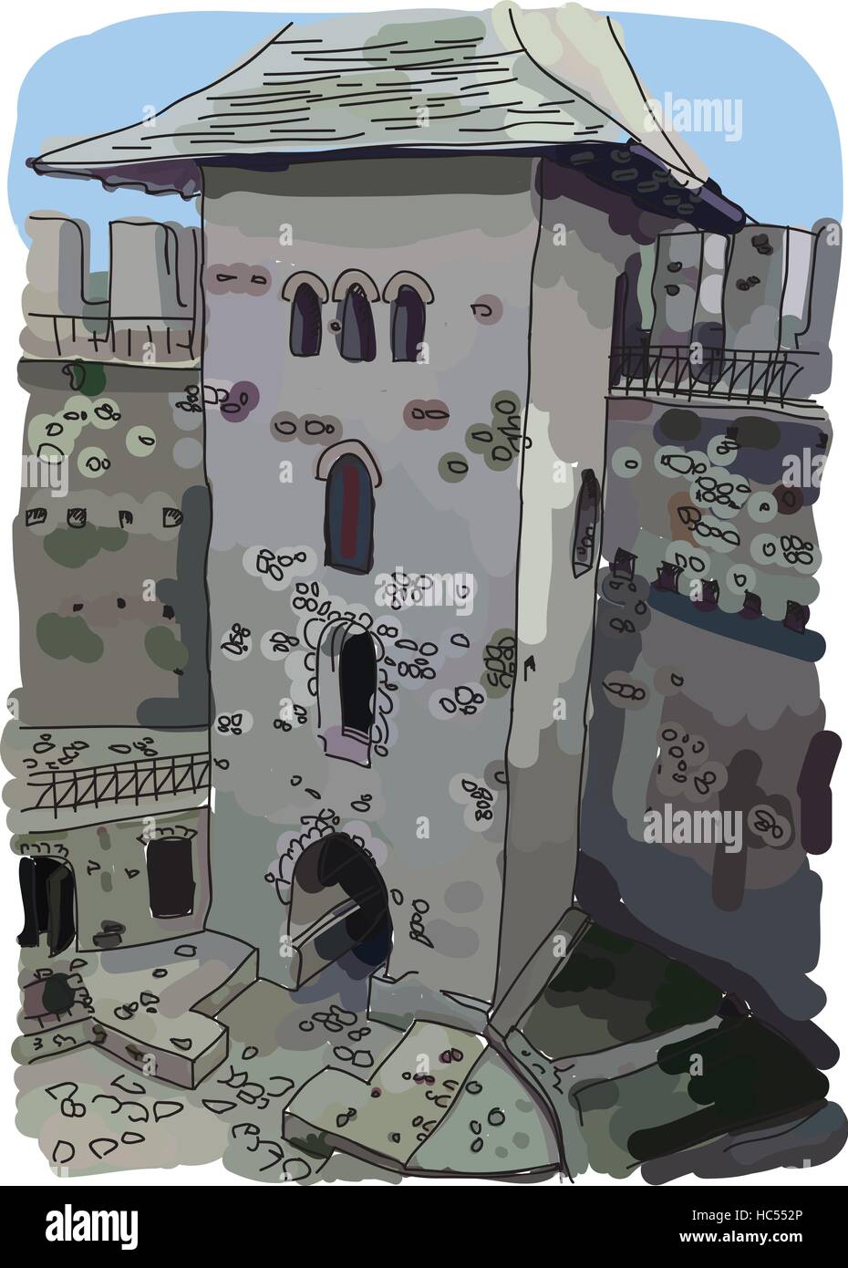 Digital vector painted Soroca Castle in Moldova with blue sky, flat ...