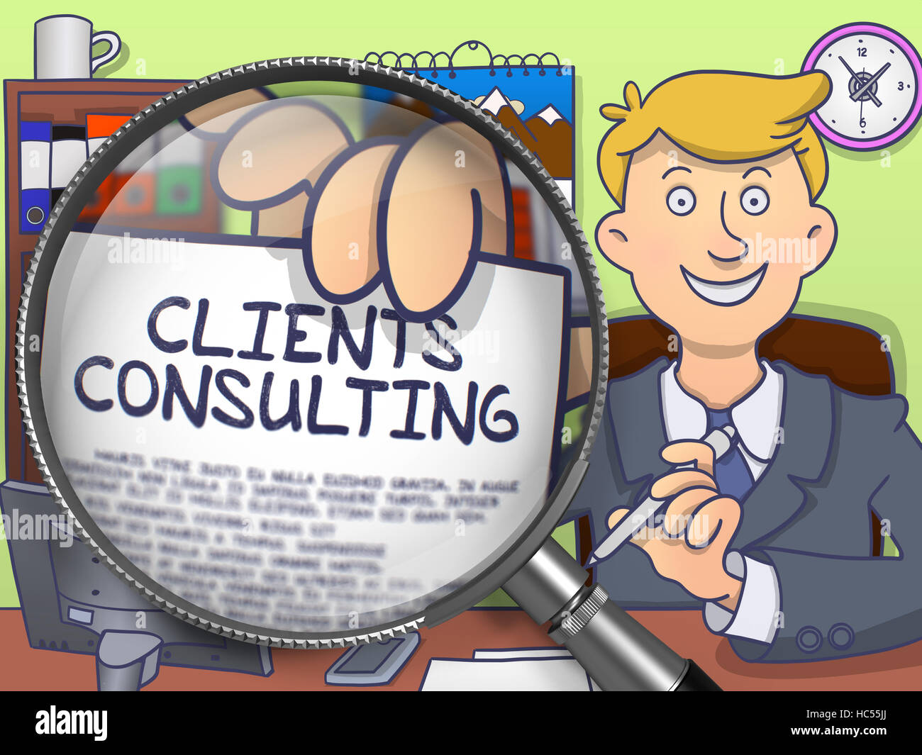 Clients Consulting through Magnifying Glass. Doodle Design Stock Photo ...