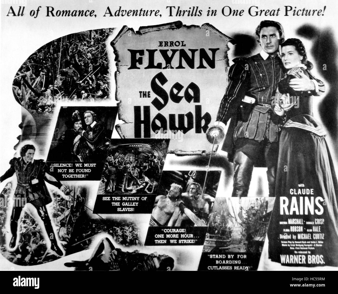 THE SEA HAWK, left: Errol Flynn, inset: Errol Flynn, right: Errol Flynn ...
