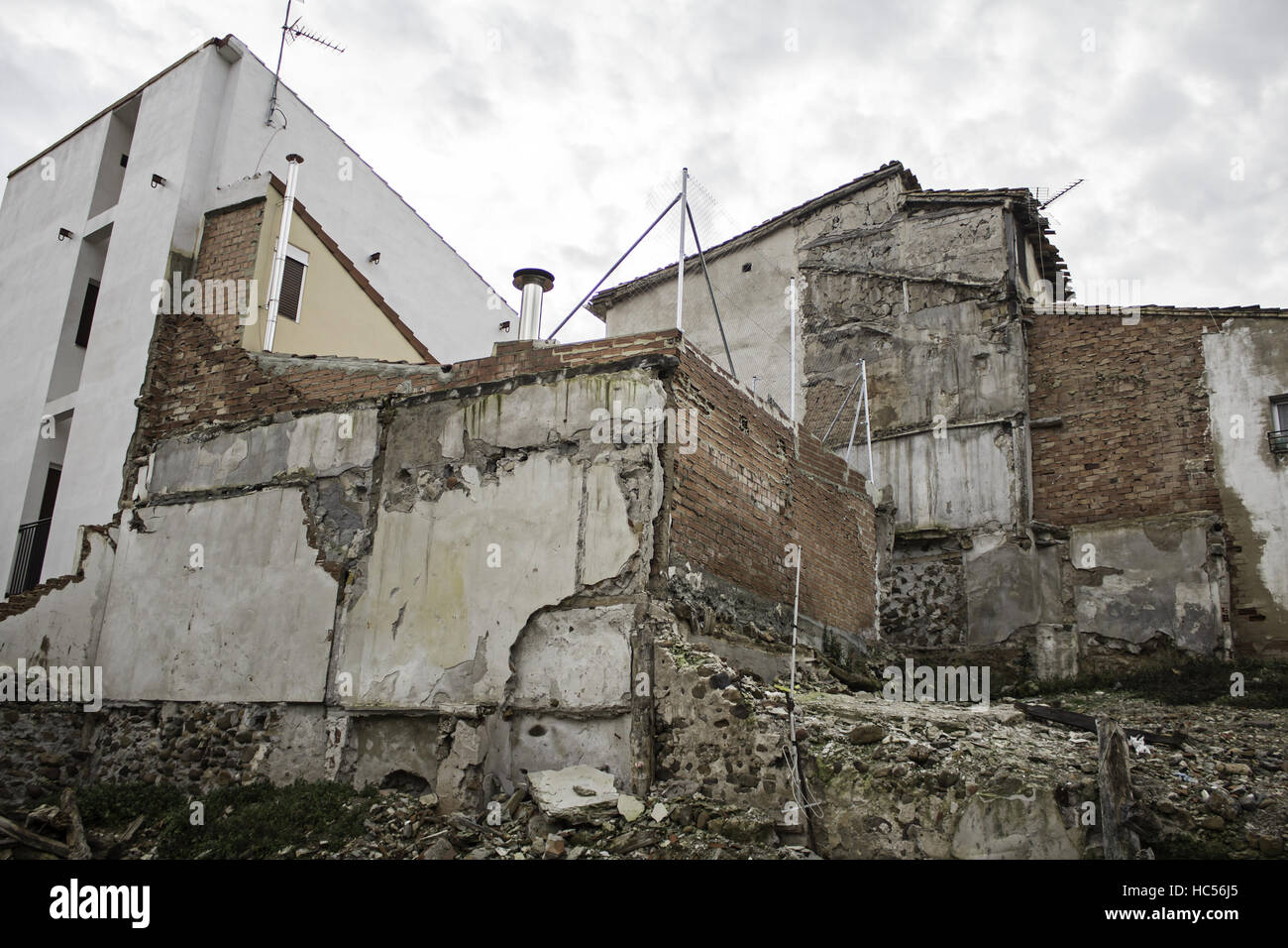 Wall retaining wall destroyed and in ruins, construction and ...