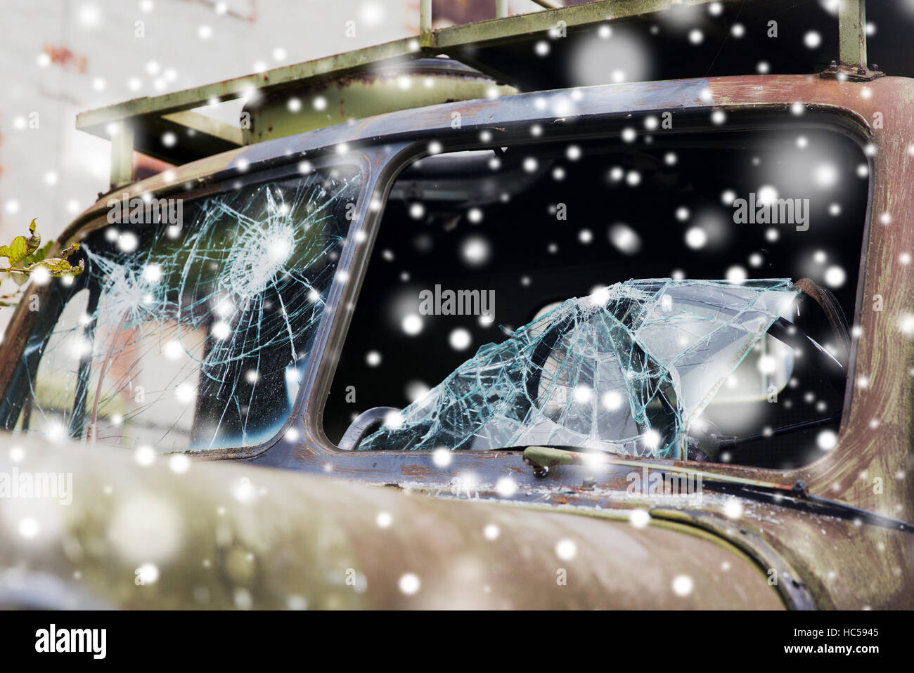 war truck with broken windshield glass over snow Stock Photo - Alamy