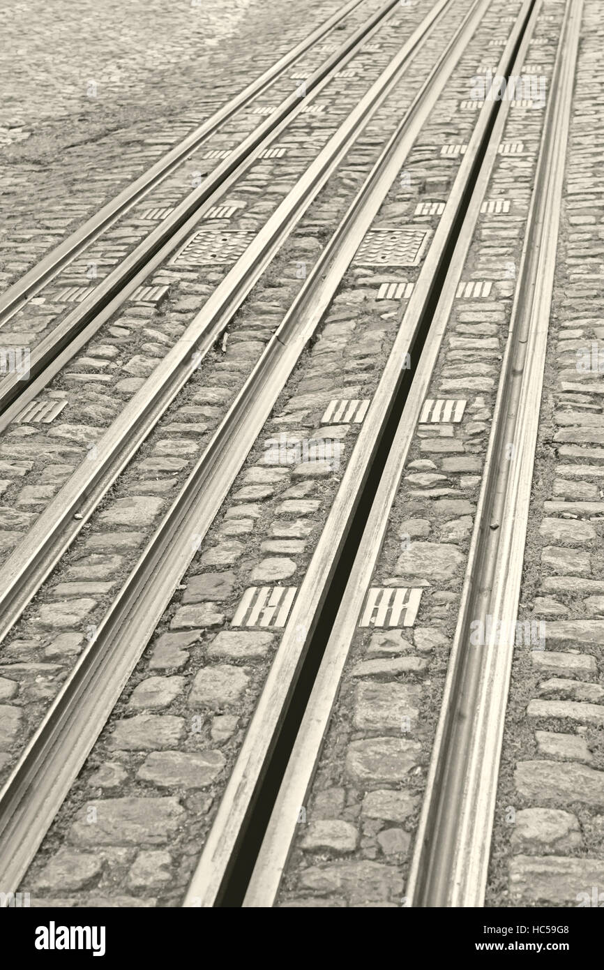 Tram rails urban city vehicle and transport Stock Photo - Alamy