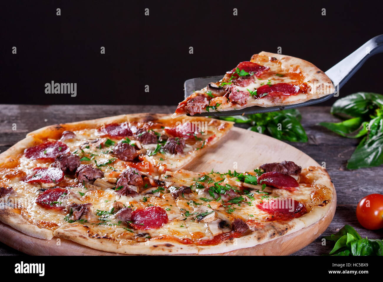 Pepperoni Pizza with salami, mushrooms , meat , beef and green o Stock ...