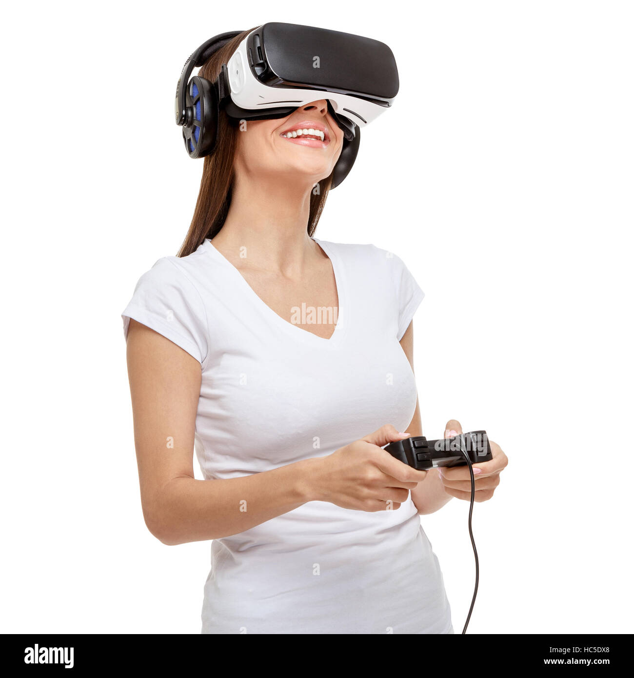 Woman with virtual reality goggles Stock Photo - Alamy