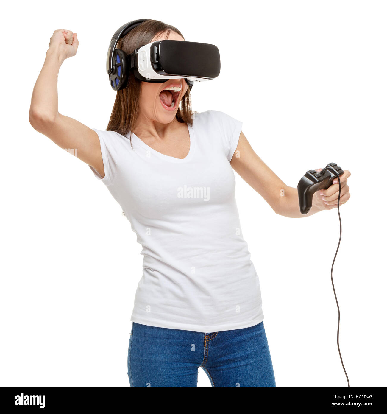 Woman with virtual reality goggles Stock Photo - Alamy