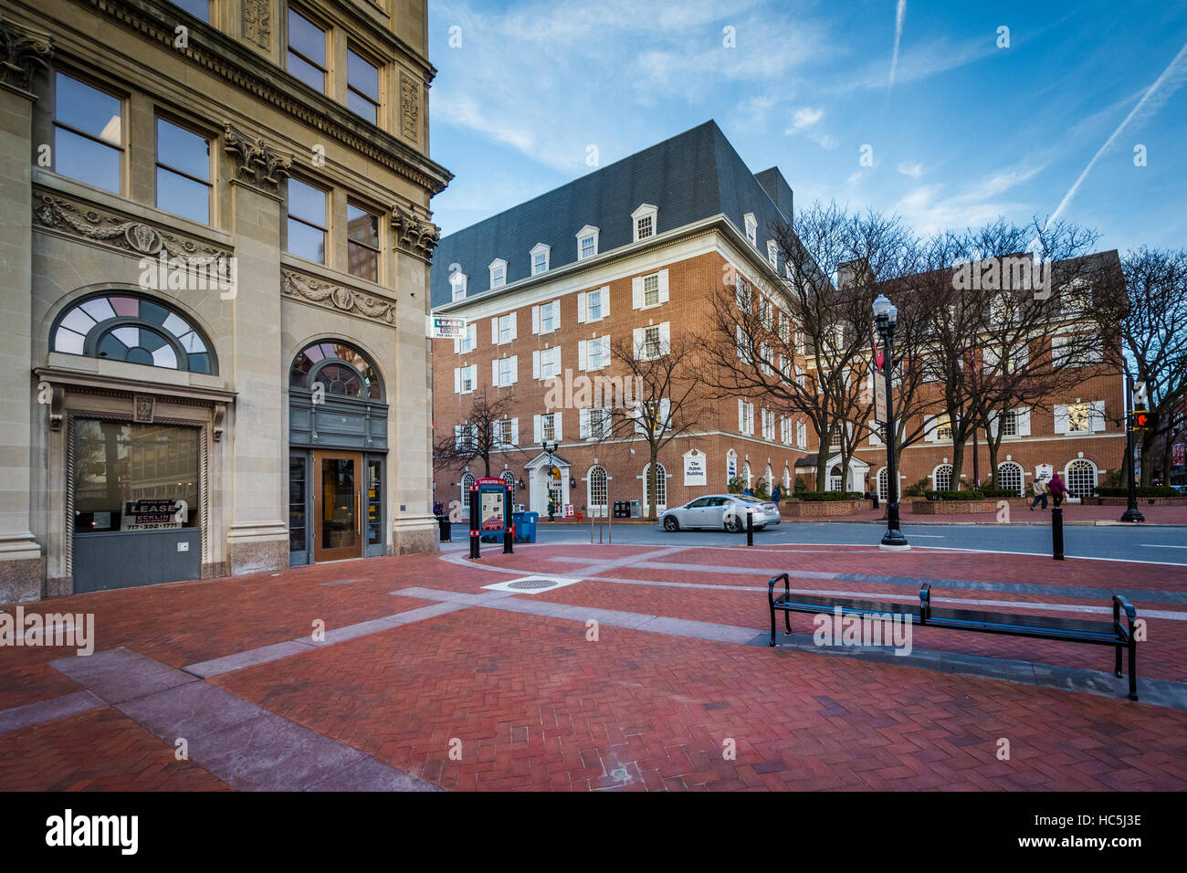 Buildings and bench at Penn Square, in downtown Lancaster, Pennsylvania ...