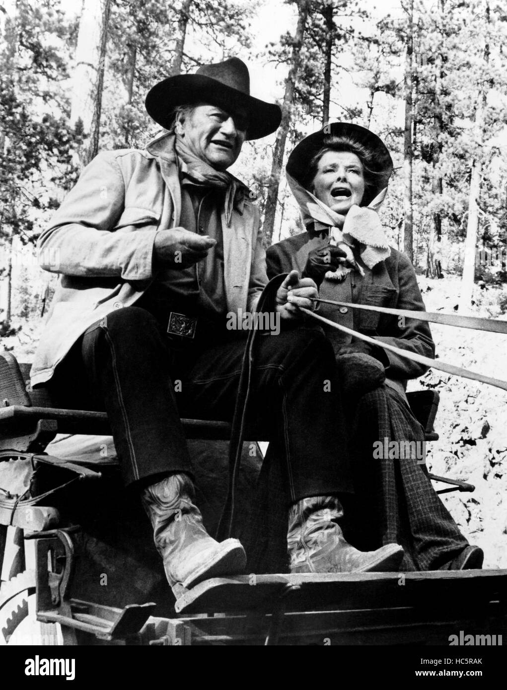 ROOSTER COGBURN, from left, John Wayne, Katharine Hepburn, 1975 Stock ...