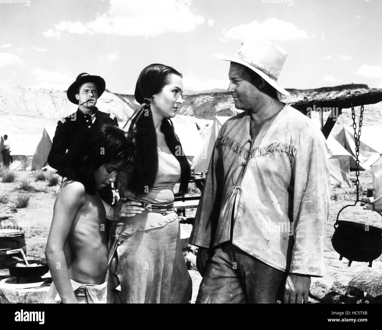 RUN OF THE ARROW, from left: Ralph Meeker (rear), Billy Miller, Sara ...