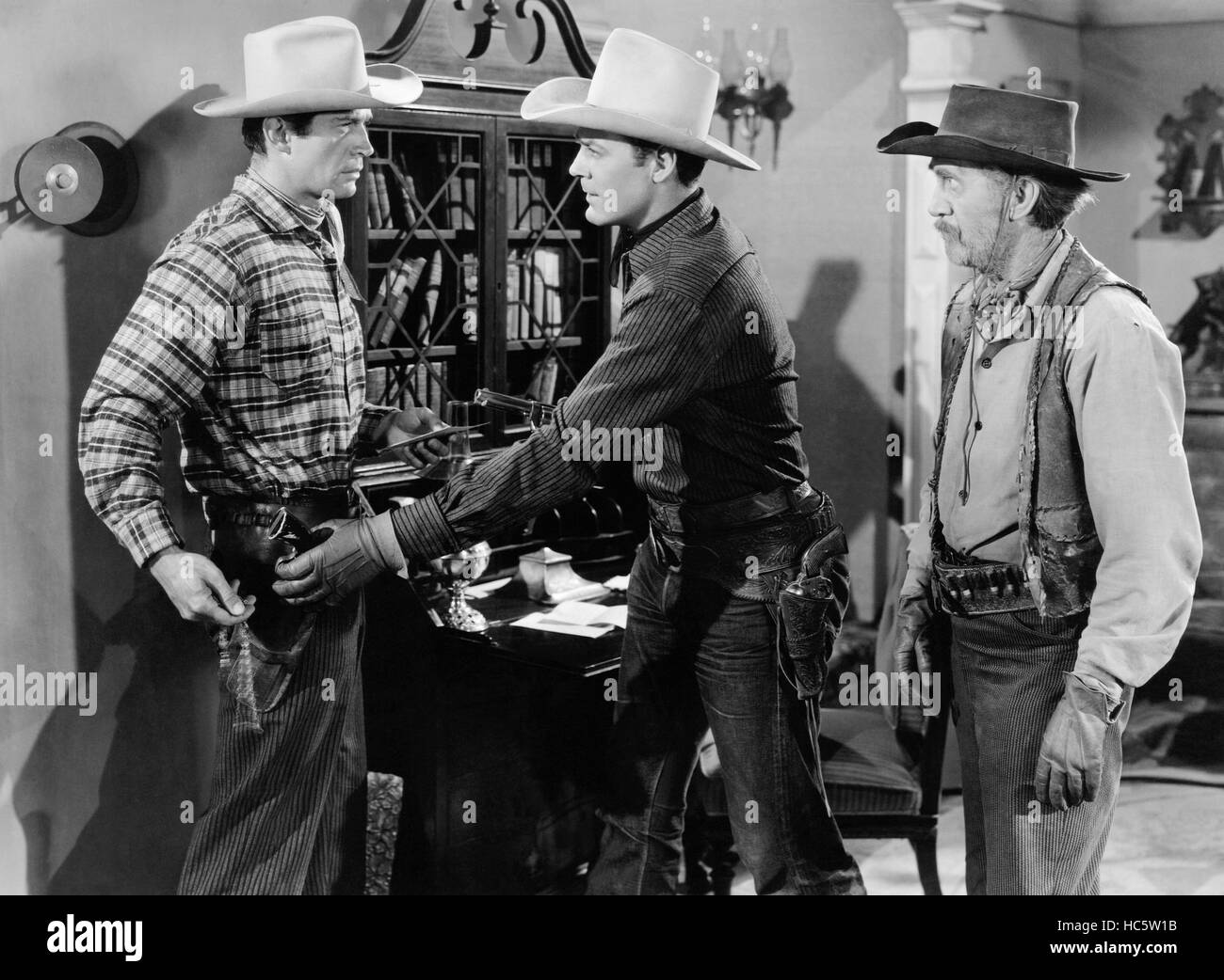 RUSTLERS ON HORSEBACK, from left: George Nader, Allan Lane, Eddy Waller ...
