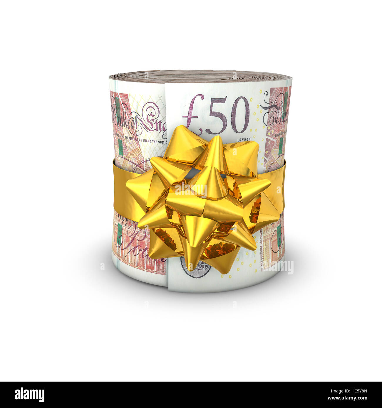 Money roll gift pounds / 3D illustration of rolled up fifty pound notes ...