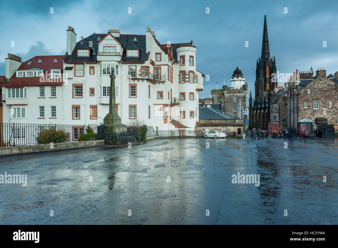 Rainy autumn day at Edinburgh castle, Scotland. The Hub tower looms in ...