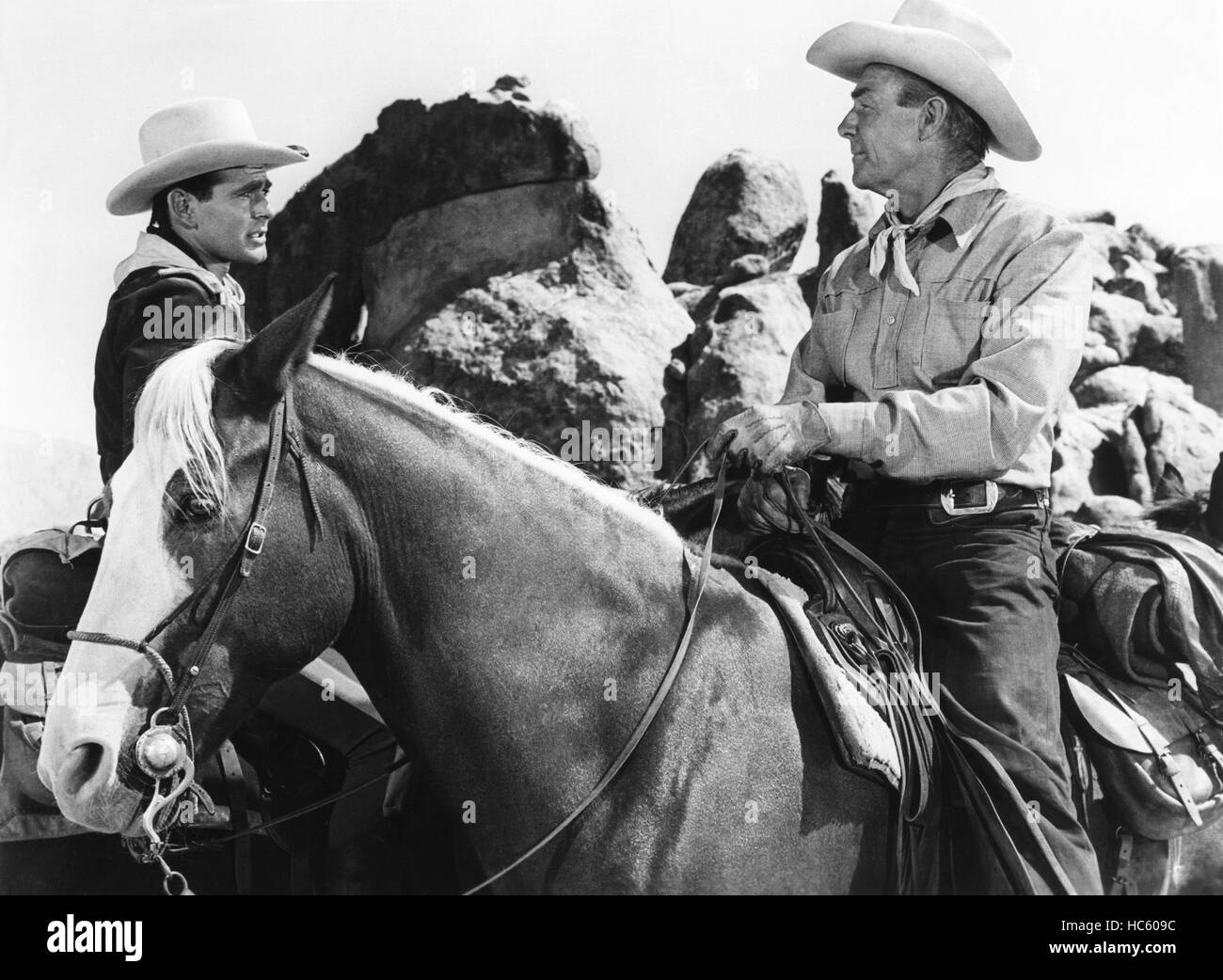 SEVEN MEN FROM NOW, from left, Stuart Whitman, Randolph Scott, 1956 ...