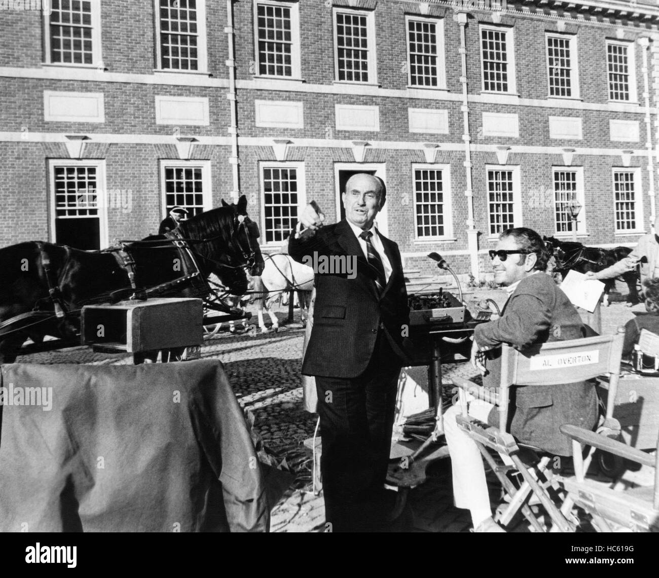 1776, producer Jack Warner, writer Peter Stone on set, 1972 Stock Photo ...