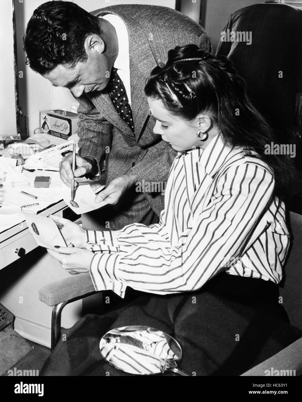 THE SIGN OF THE RAM, Columbia makeup man Clay Campbell, with star Susan ...