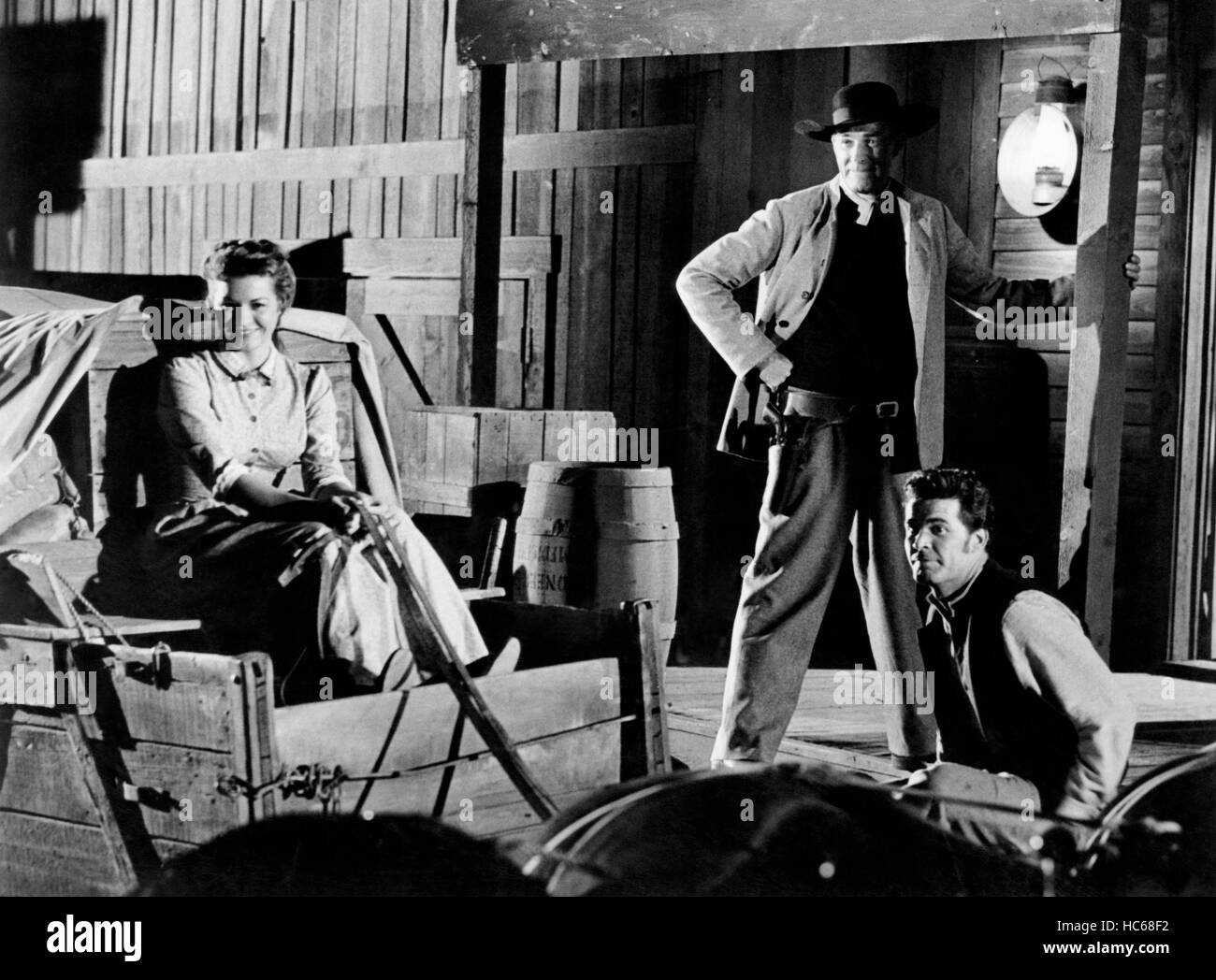 SHOOT-OUT AT MEDICINE BEND, from left: Angie Dickinson, Randolph Scott ...