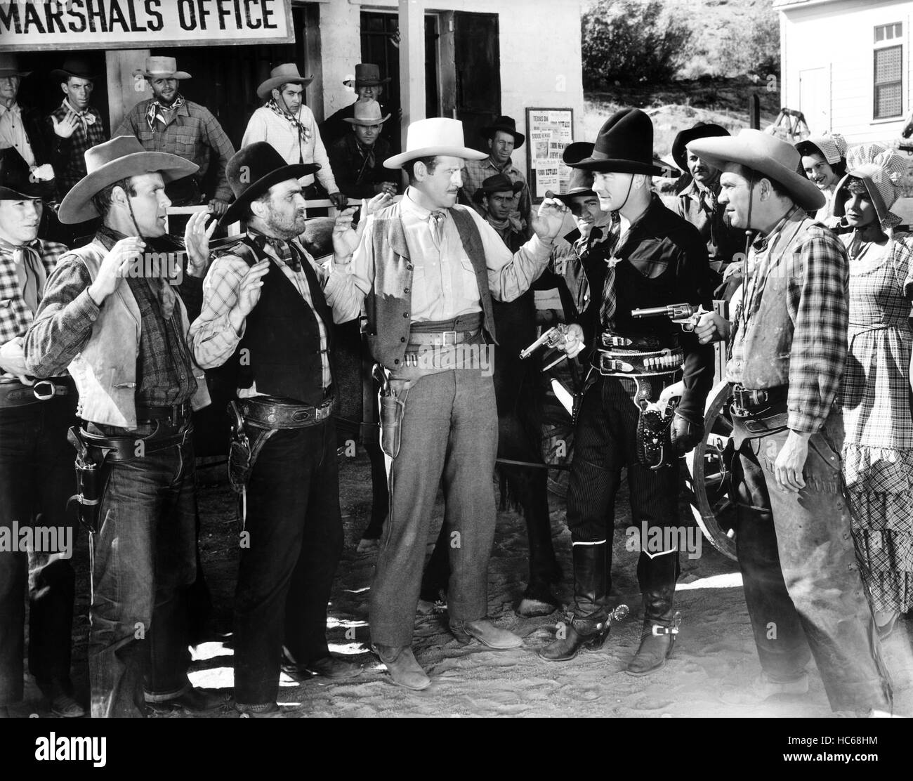 THE SHOWDOWN, from left: Kermit Maynard, Walter Shumway, Roy Barcroft ...