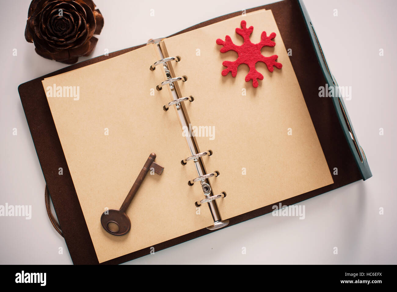 Vintage Notebook of leather cover with antique key Stock Photo - Alamy